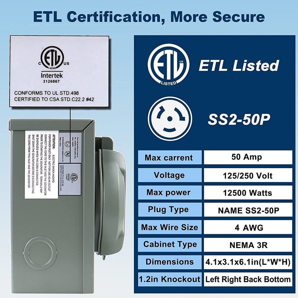 9000-15000 Watt Generator Interlock Kit w/ Inlet Box for GE 150 & 200 ...