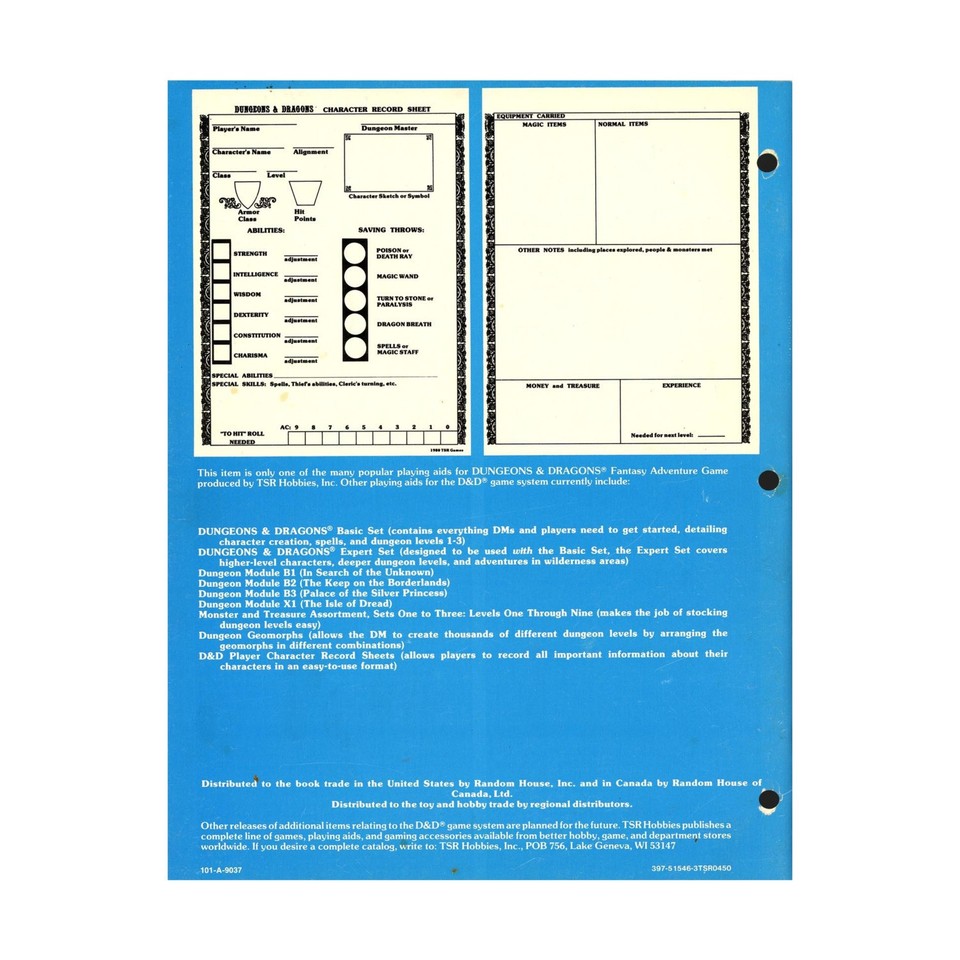 TSR Basic D&D Player Character Record Sheets (Pastel Blue Cover, 2nd ...