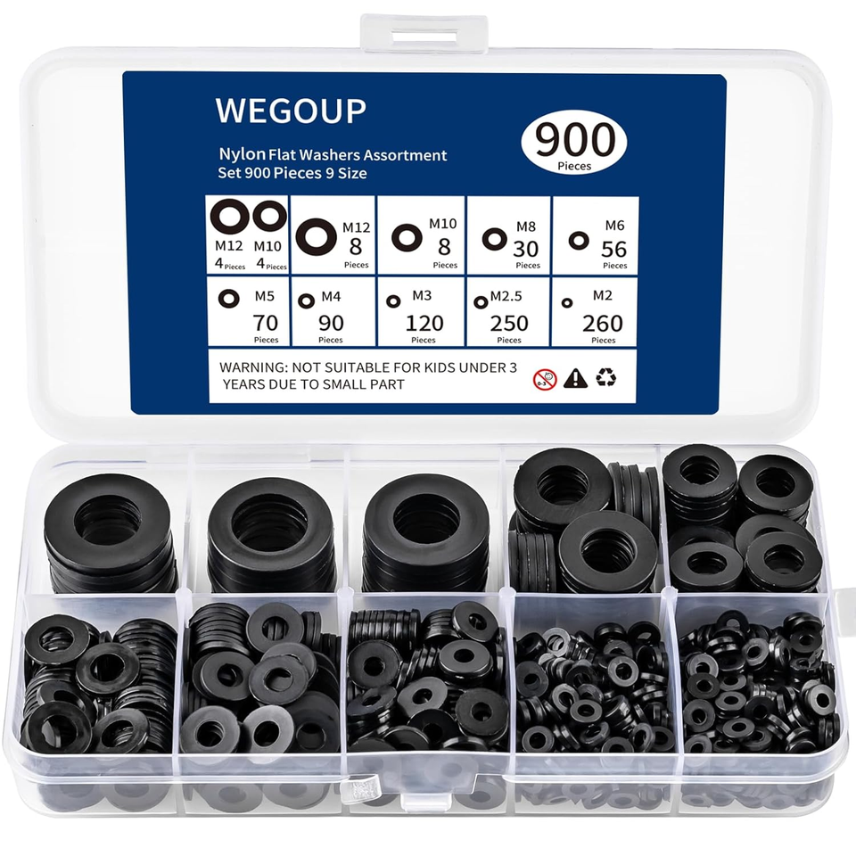 900-Piece Nylon Flat Washer Assortment Kit Black Plastic Flat Washers ...