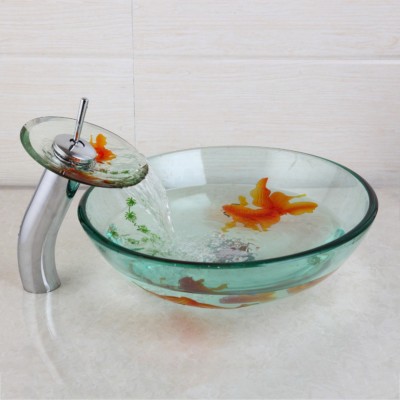 Goldfish Hand Paint Bathroom Glass Basin Vanity Sink Bowl+Waterfall ...