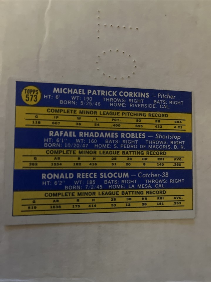 1970 Corkins, Robles, & Slocum San Diego Padres Topps Baseball Card ...