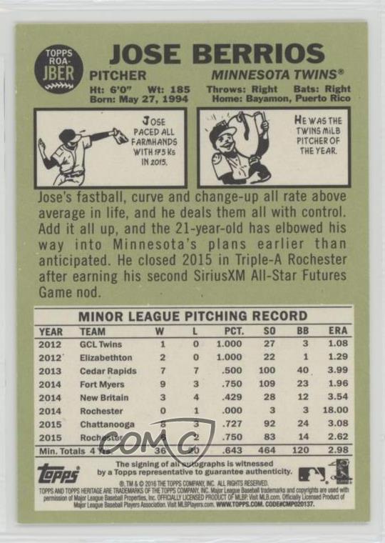 2016 Topps Heritage High Number Real One Jose Berrios #ROA-JBER Rookie ...