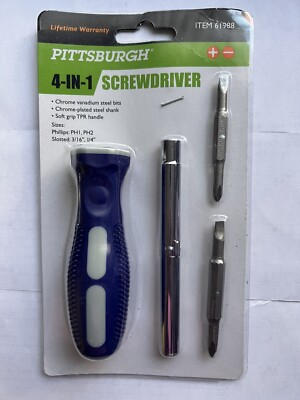 (NEW) 4 in 1 Screwdriver Ph1 & 2 Slotted 3/16 & 1/4" Steel Bit Storage ...