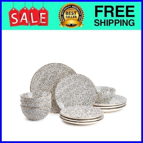 Thyme & Table 12-Piece Dinnerware Stoneware Set, Black & White Dot Collection | eBay