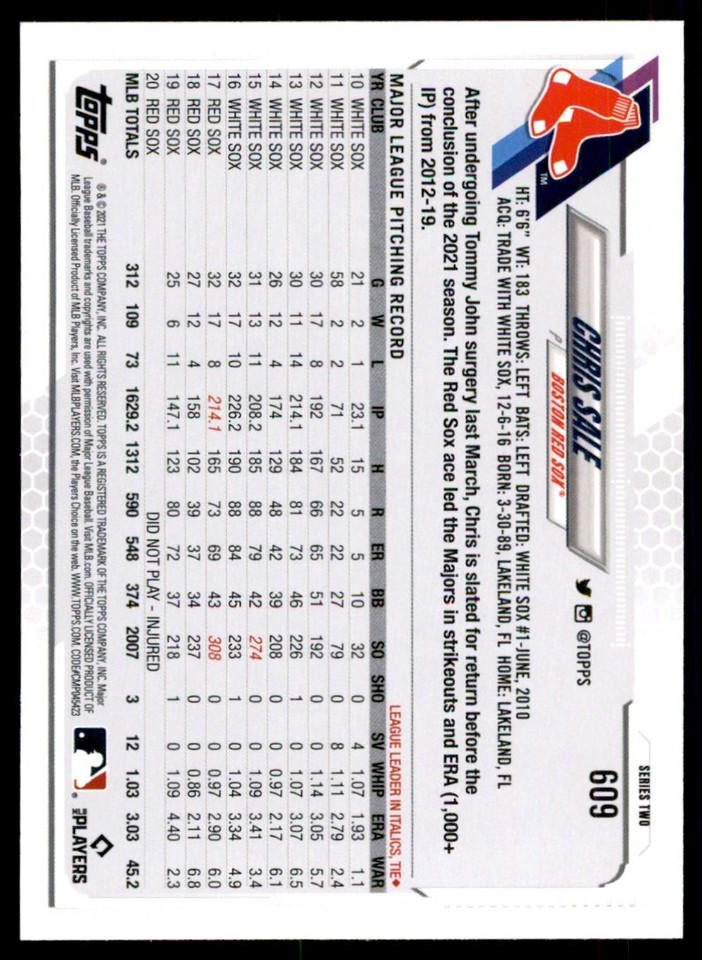 2021 Topps Chris Sale Baseball Cards #609 | eBay