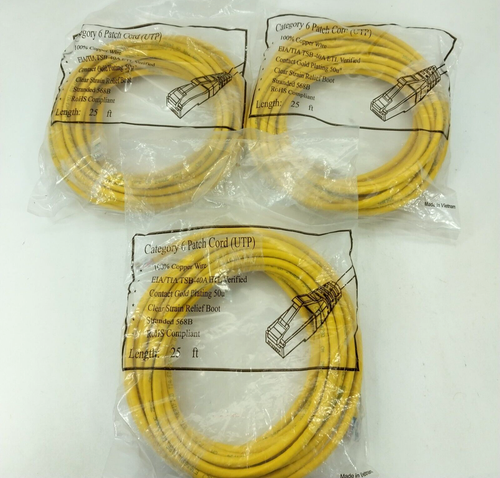 (Lot of 3) 25 ft Yellow Category 6 Patch Cables 100% Copper Wire - Free ...
