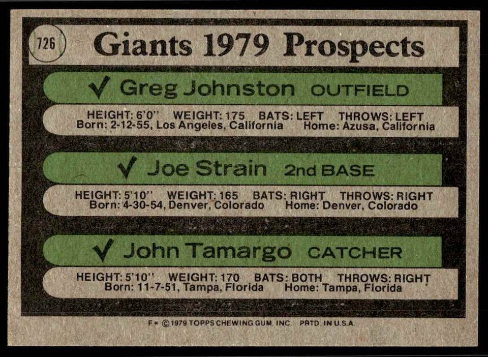 1979 Topps Giants Prospects - Greg Johnston/Joe Strain/John Tamargo RC ...
