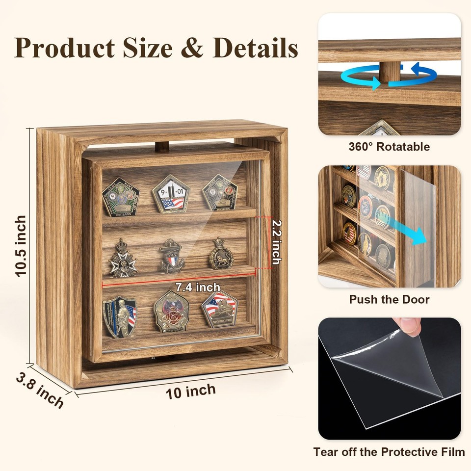 Double-Sided Rotating Challenge Coin Display, Wooden Military Coin ...