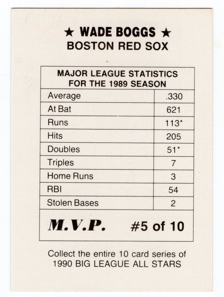 Wade Boggs Boston Red Sox 1990 BIG LEAGUE ALL STARS MVP #5 RARE EX | eBay
