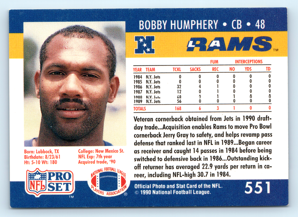 Bobby Humphery - 1990 NFL Pro Set #551 - Los Angeles Rams Football Card ...