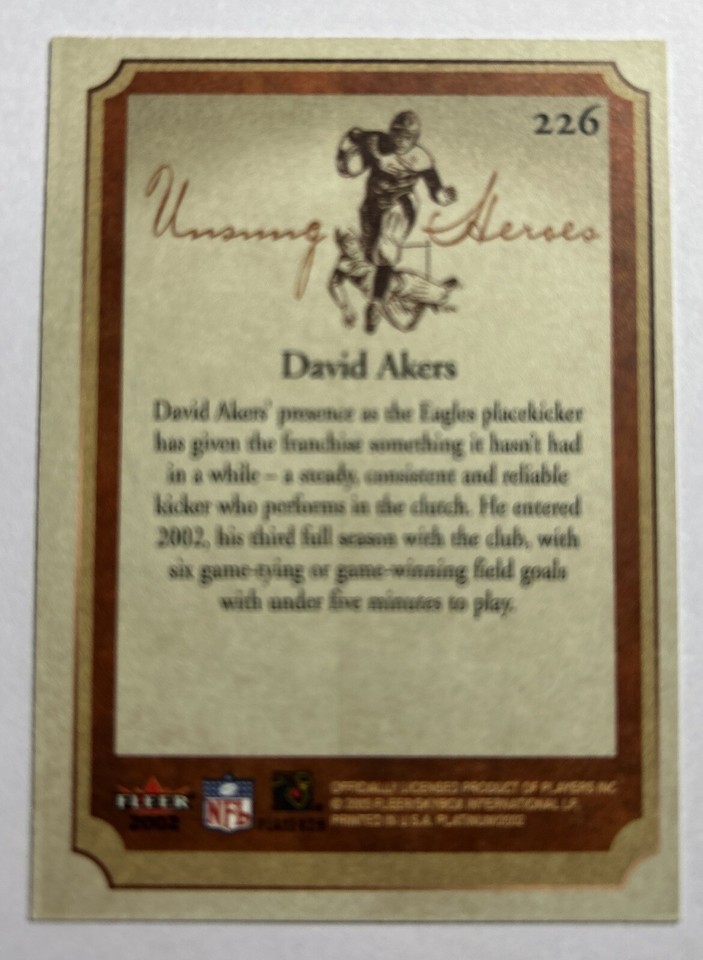 David Akers Autograph Card Philadelphia Eagles 2003 Fleer Platinum Auto ...