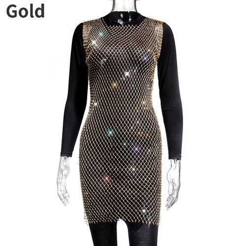 Glänzend Durchsichtig Damen Strass Netz Fischnetz Kleid Ärmellos Hohl ...