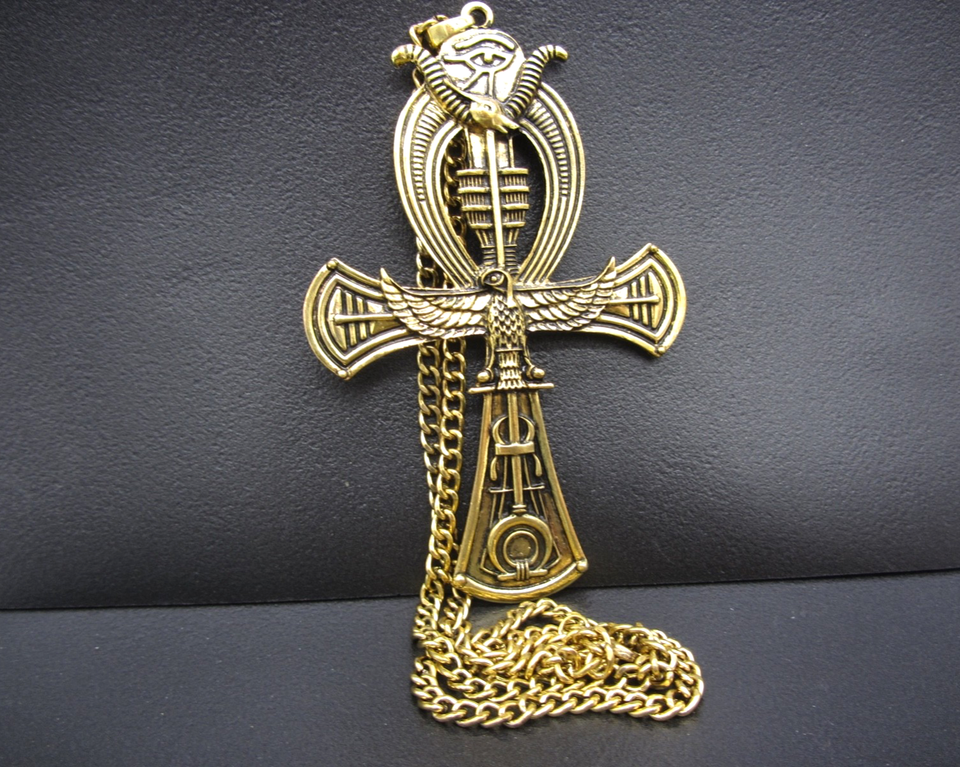 Vintage Gold Tone Egyptian Ankh Immortality Symbol Horus Falcon Sun God ...