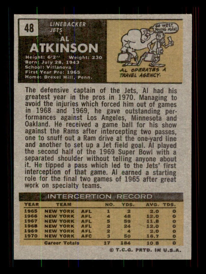 1971 Football Topps Al Atkinson New York Jets #48 2 | eBay