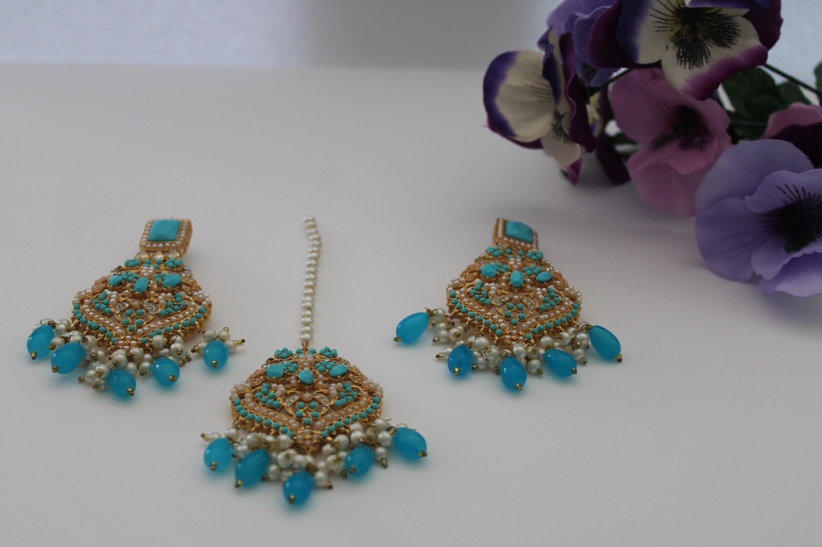 Indian Pakistani Fashion Jewelry Naurattan Tikka Earring Set Pearls ...