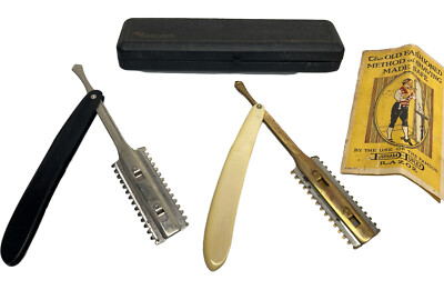 2 Pat 1911 Straight Razor DURHAM DUPLEX Hair Trimmer Hard Leather Box ...