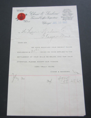 Old 1903 - CHASE & SANBORN - COFFEE - TEA - Billhead / Receipt Document ...