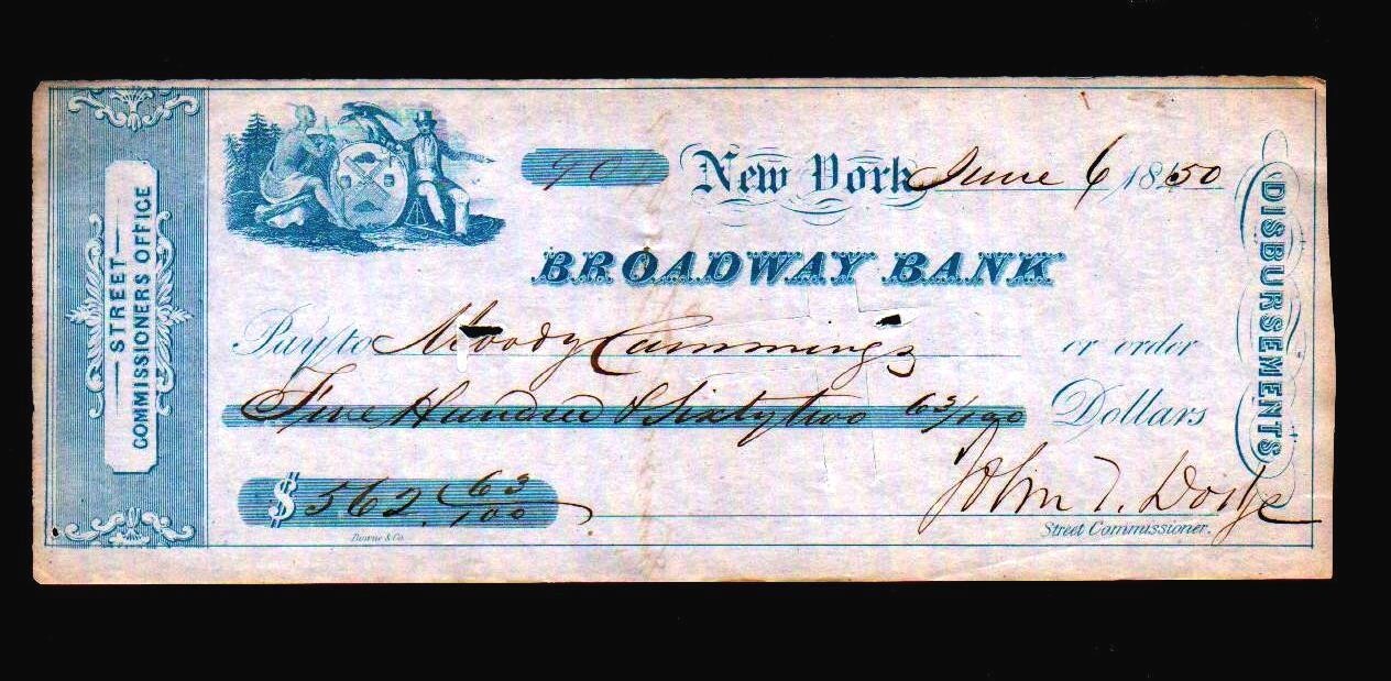 1850 John T Doyle - Lawyer - Business Mogul signs Check New York ...