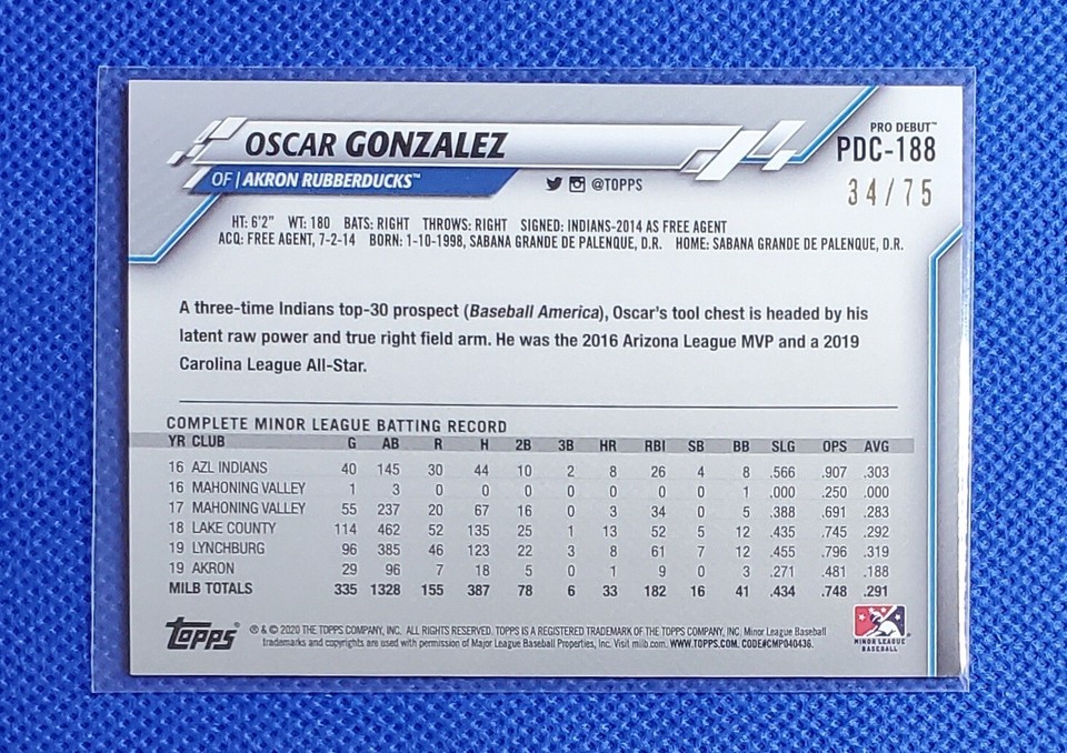 34/75 Oscar Gonzalez 2020 Topps Chrome Pro Debut Gold Refractor PDC-188 ...