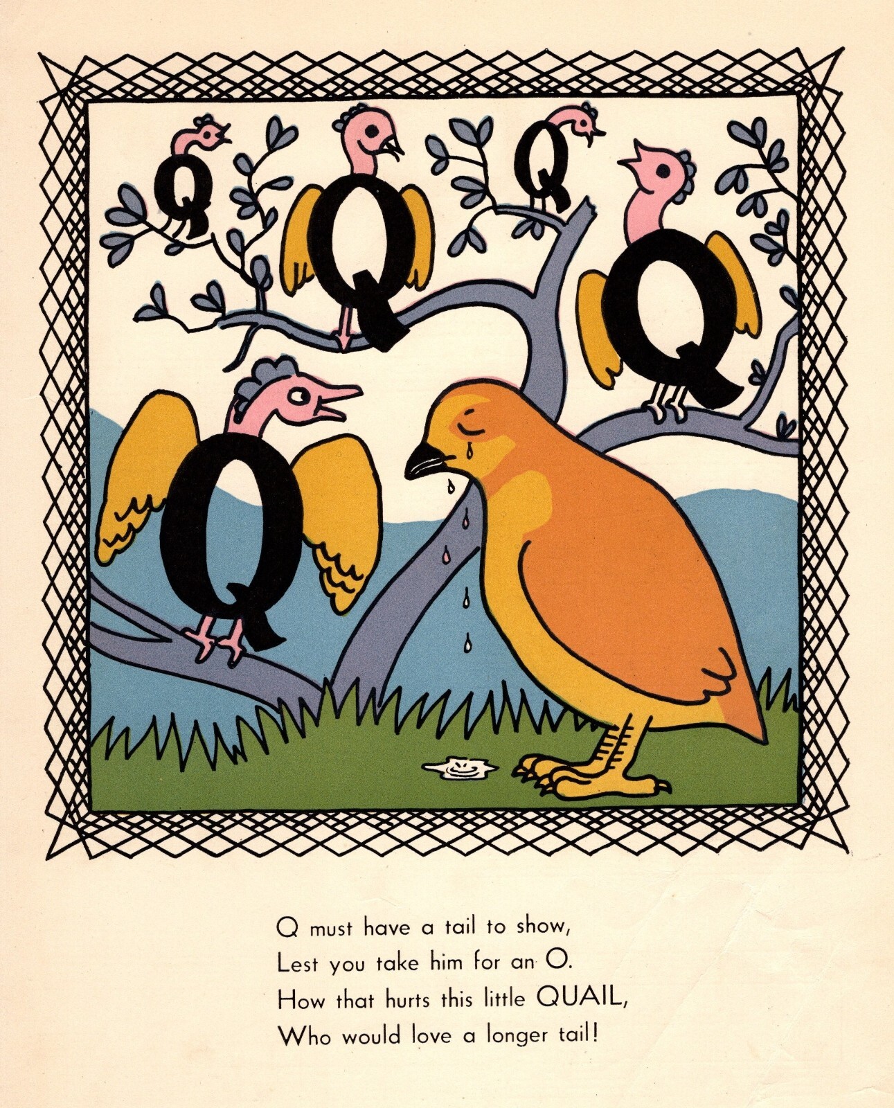 1930s Art Deco Quail Print Letter Q Poem Poetry Illustration Wall Art ...