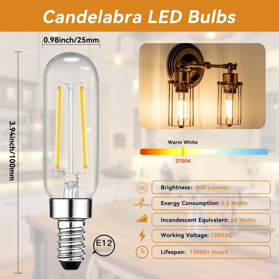 E12 Candelabra LED Bulb, 60W Equivalent Dimmable 2700K Soft Warm White ...