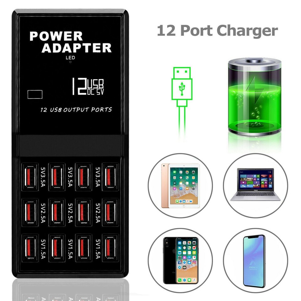 Multi 12 Port USB Charging Station Hub Desktop Wall Cell Phone Charger ...