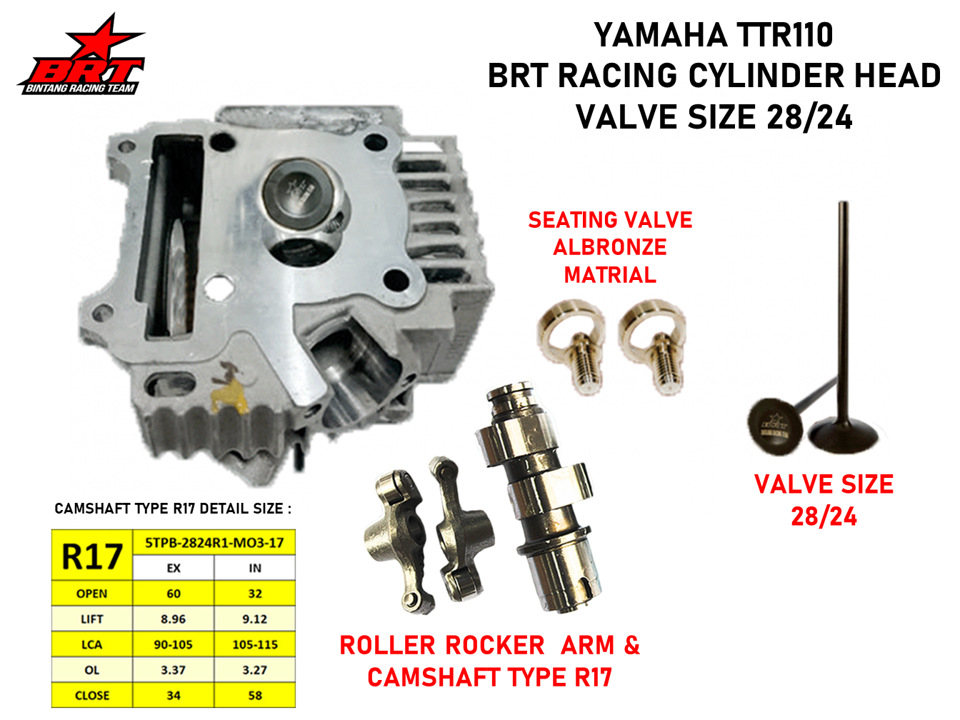 BRT RACING YAMAHA TTR110 CYLINDER HEAD VALVE SIZE 28/24 CAMSHAFT TYPE ...