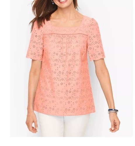 Talbots Top Women Size LP Cotton Eyelet Popover Square Neck Short Sleeve Blouse | eBay