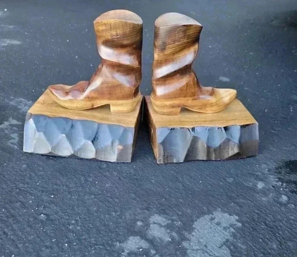 Vintage Hand Carved Western Cowboy Boot Bookends Solid Wood MCM | eBay