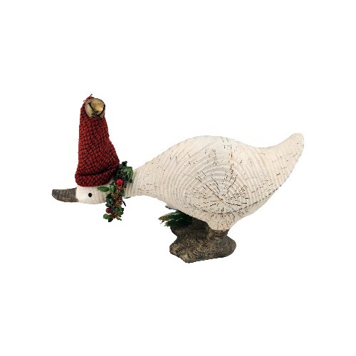 White Christmas Goose w/ Wreath Red Hat Bell Faux Carved Wood Farmhouse ...