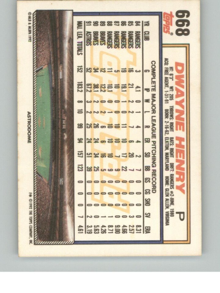 1992 Topps Dwayne Henry 668 Houston Astros Gold | eBay