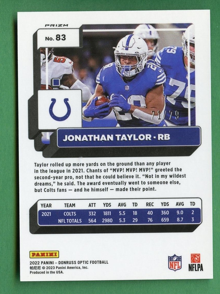JONATHAN TAYLOR 2022 OPTIC FOOTBALL PURPLE VELOCITY /79 INDIANAPOLIS ...
