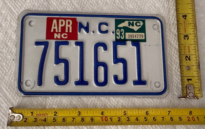 Vintage 1993 North Carolina Motorcycle License Plate Tag #731651 ...