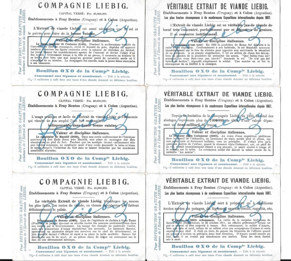 6x LIEBIG TRADE CARDS, HEROIC DEEDS BY ITALIAN SOLDIERS 1913 (S1066 ...