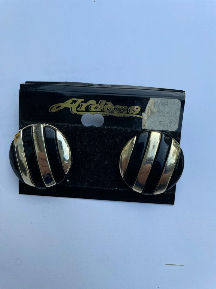 NWT Ardene Earrings Black Gold Stripe Metal Plastic Large Posts Vintage ...