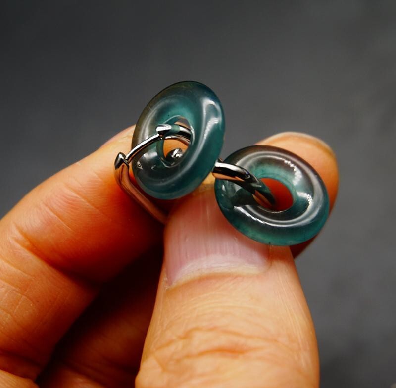 Certified Grade A Blue Jadeite Fei cui Ping An Kou Earrings Sterling ...