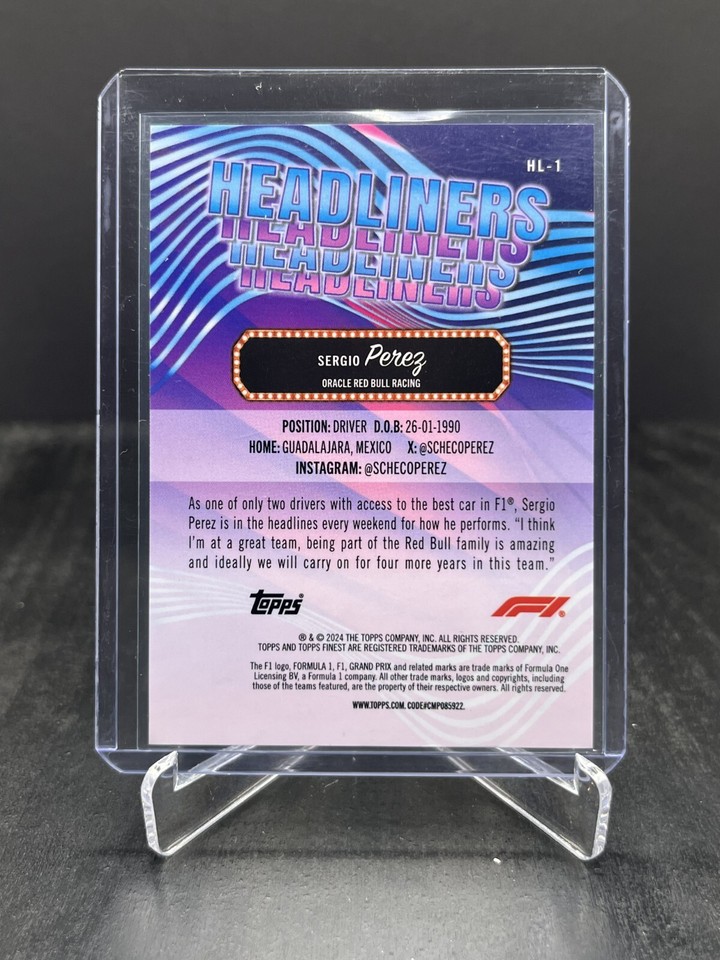 2024 Topps Finest Formula 1 F1 Sergio Perez Headliners Gold 24/50 #HL-1 ...