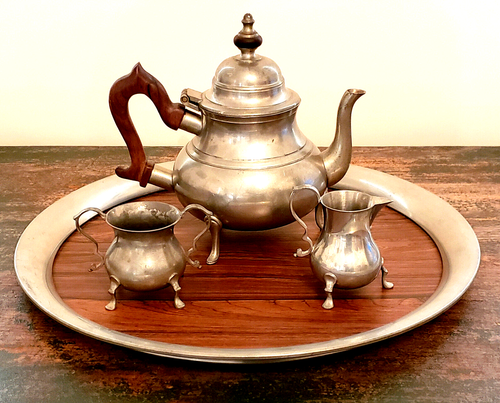 Vintage 18thC COLONIAL Williamsburg STIEFF Pewter TEA POT Sugar CREAMER ...