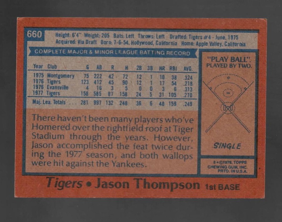 1978 Topps Jason Thompson Detroit Tigers #660 Near Mint or Better | eBay