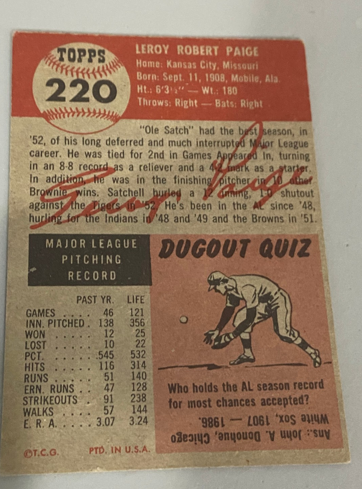 1953 Topps #220 Satchel Paige UER/Misspelled Satchell/on card front | eBay