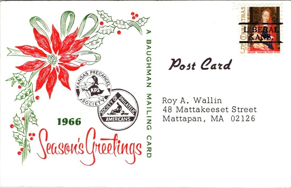 Liberal KS Christmas Robert Helen Baughman 1966 Precancel Society ...