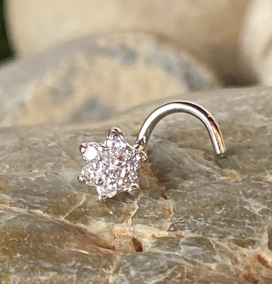 14kt Solid Gold Flower Nose Ring w/CZ Gems 20g 20 gauge stud screw bone ...