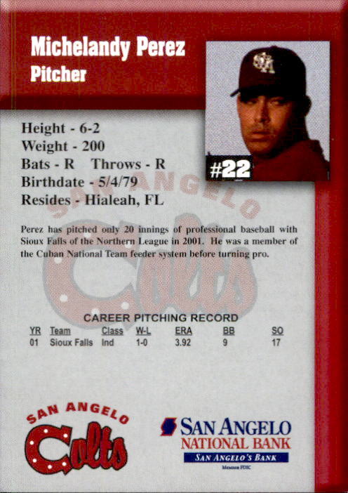 2002 San Angelo Colts Team Issue #16 Michelandy Perez Hialeah Florida ...