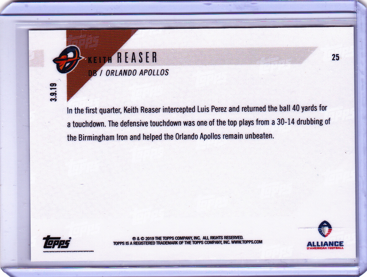 Keith Reaser Orlando Apollos 2019 Topps NOW #25 AAF 3.9.19 Print Run ...