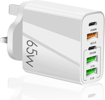 65W Quick Charger UK Plug Fast Wall Charger Power Adapter 5 Port USB-C ...
