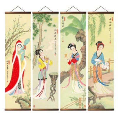 MT0025 Chinese Four Great Beauties of Ancient Times Canvas Wood Scroll ...