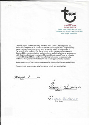 George Hendrick Signed 1975 Topps Contract / Autographed Cleveland ...