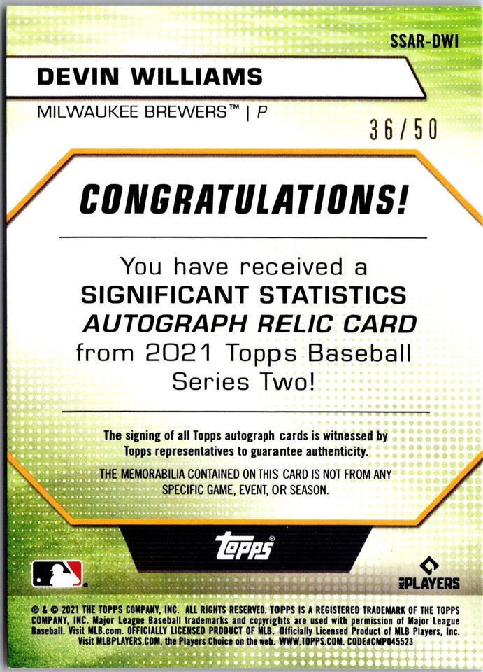 2021 Topps #SSAR-DWI Devin Williams Significant Statistics Autograph ...