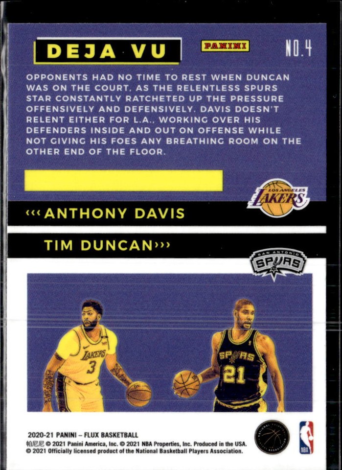 2020-21 Panini Flux #4 Anthony Davis / Tim Duncan Deja Vu | eBay