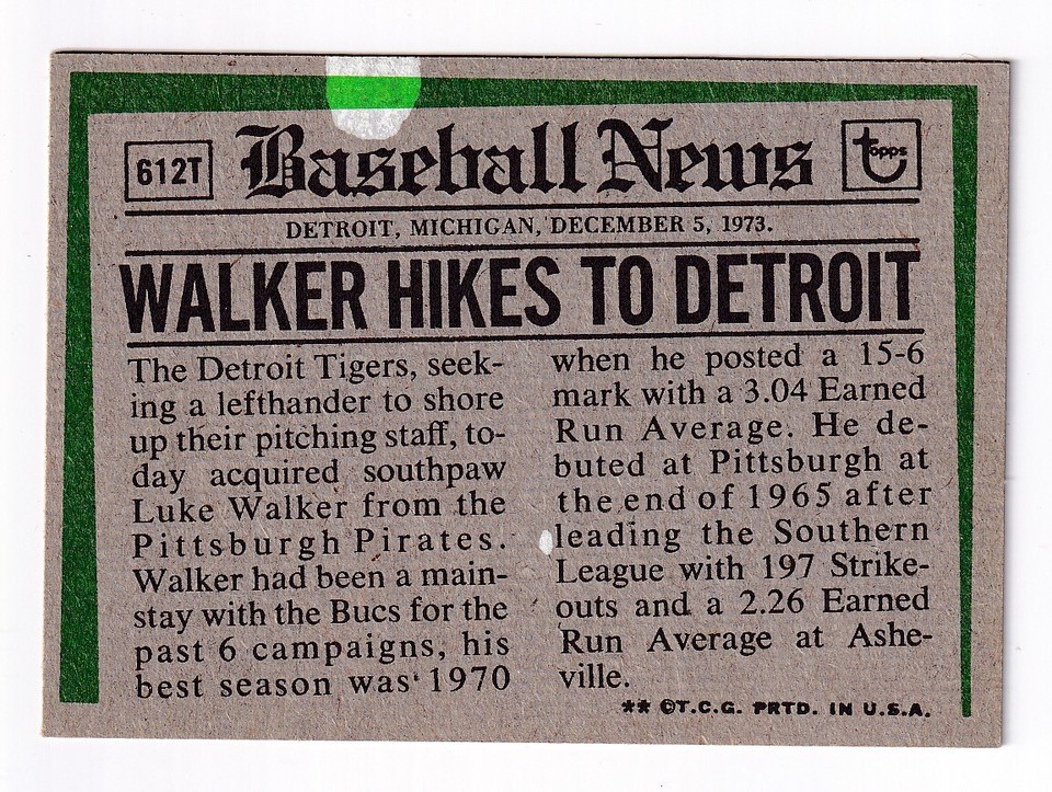 Luke Walker 1974 Topps MLB Baseball Trading Card #612T Tigers | eBay